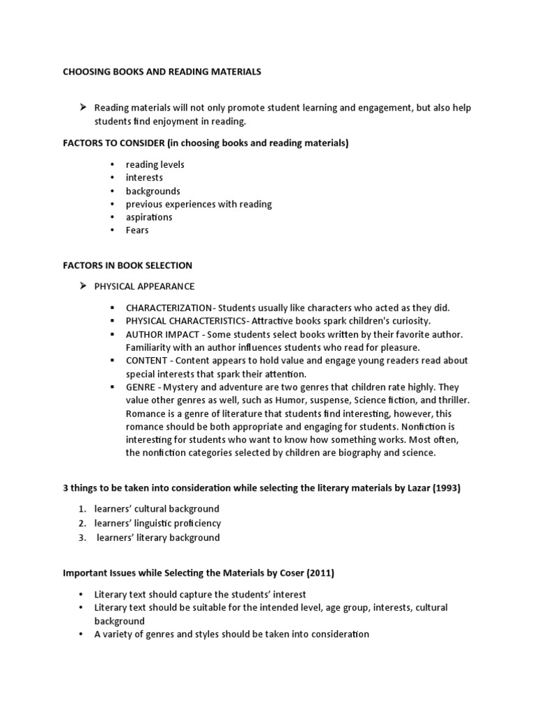 Choosing Books and Reading Materials Handout | PDF
