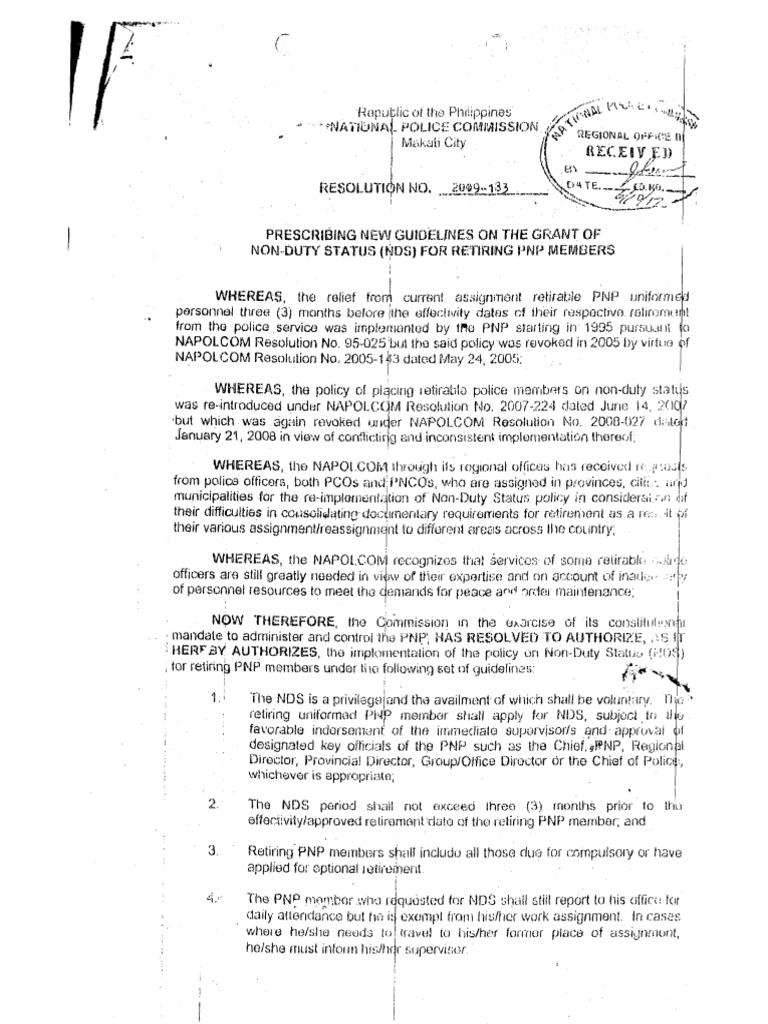 NAPOLCOM 2009-183 Placing Retiring PNP Personnel On Non Duty Status | PDF