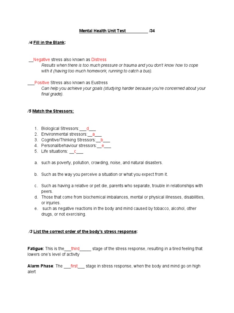Mental Health Unit Test | PDF | Stress (Biology) | Mental Health