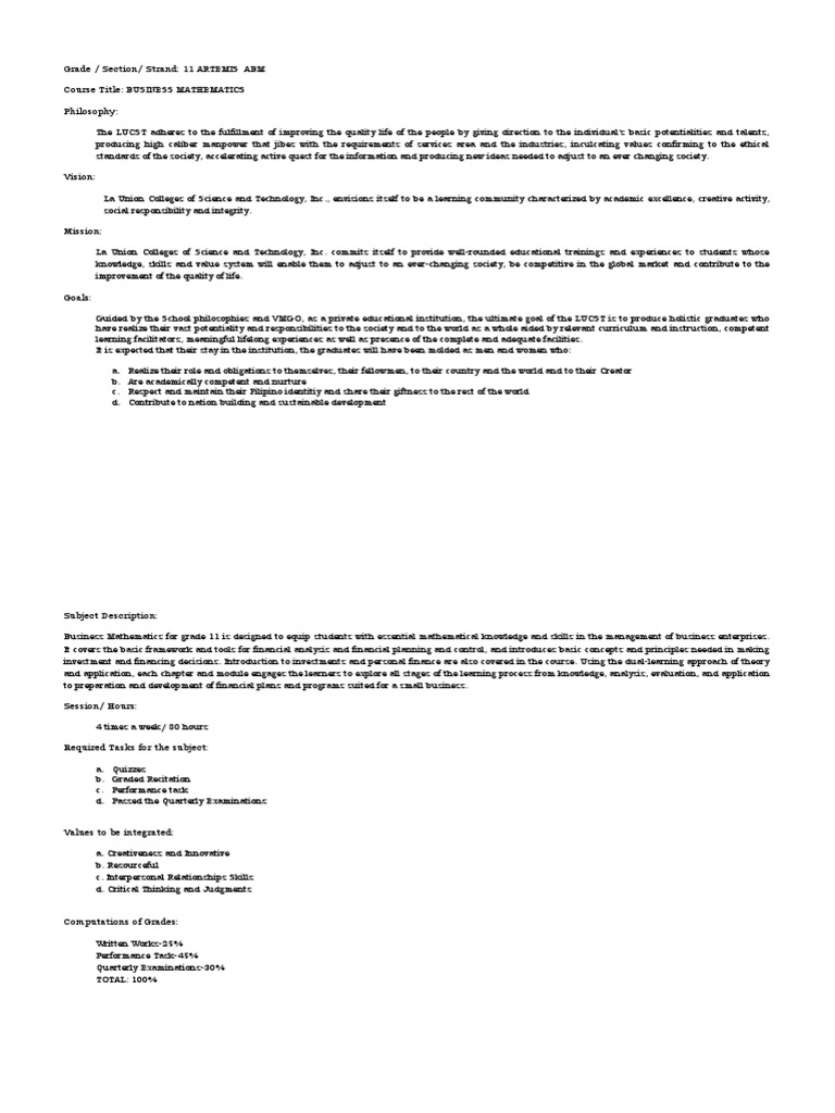 Business Math Syllabus | PDF | Investing | Learning