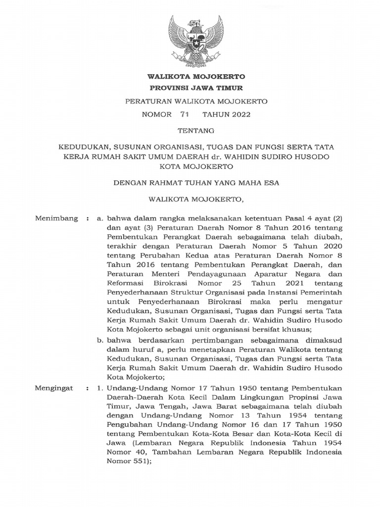 Perwali SOTK RSU - 71 Tahun 2022 | PDF