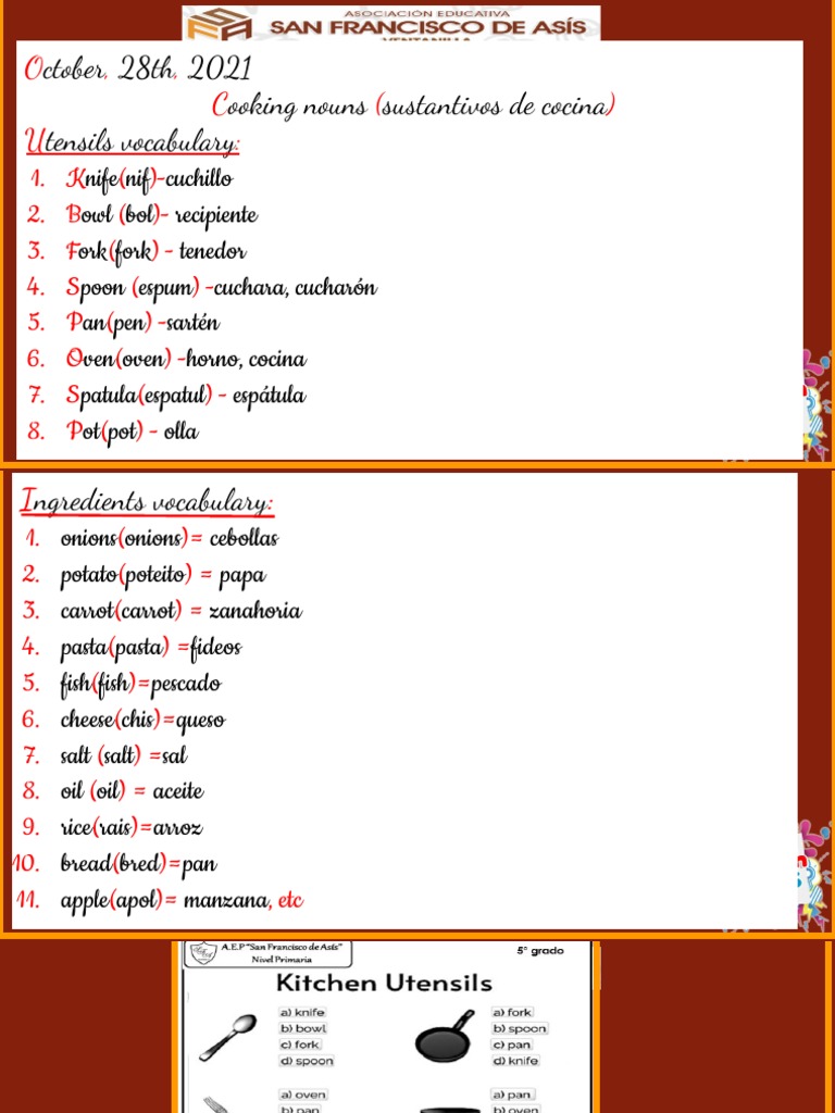 Cooking Nouns - 5° Grado | PDF