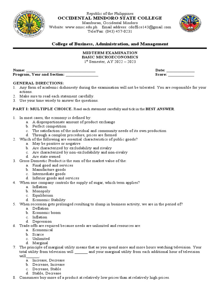 Basic Microeconomics Midterm Exam | PDF | Supply (Economics) | Supply ...