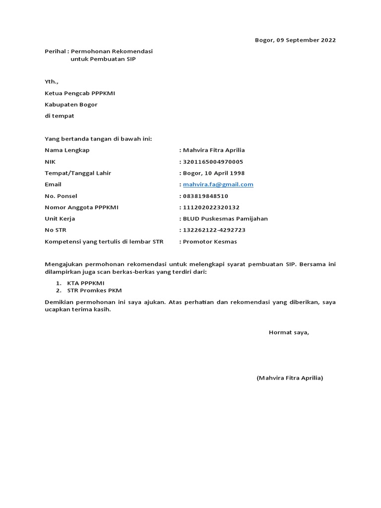 Surat Permohonan Rekomendasi PPPKMI | PDF | Pengelolaan Keuangan & Uang ...