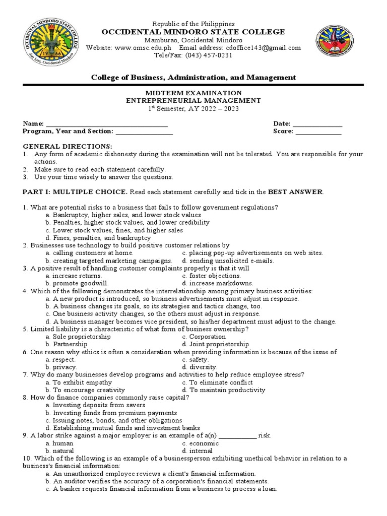 Entrepreneurial Management Midterm Exam 2022-2023 | PDF ...