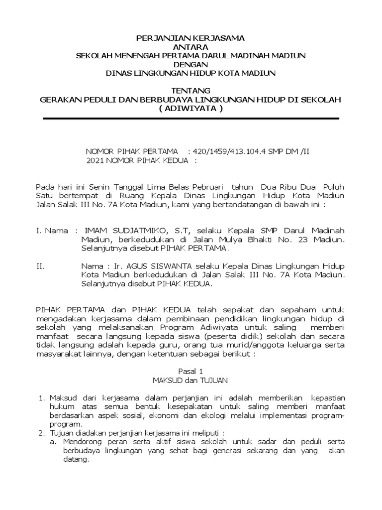 Perjanjian Kerjasama Mou Sekolah Adiwiyata PDF Free | PDF