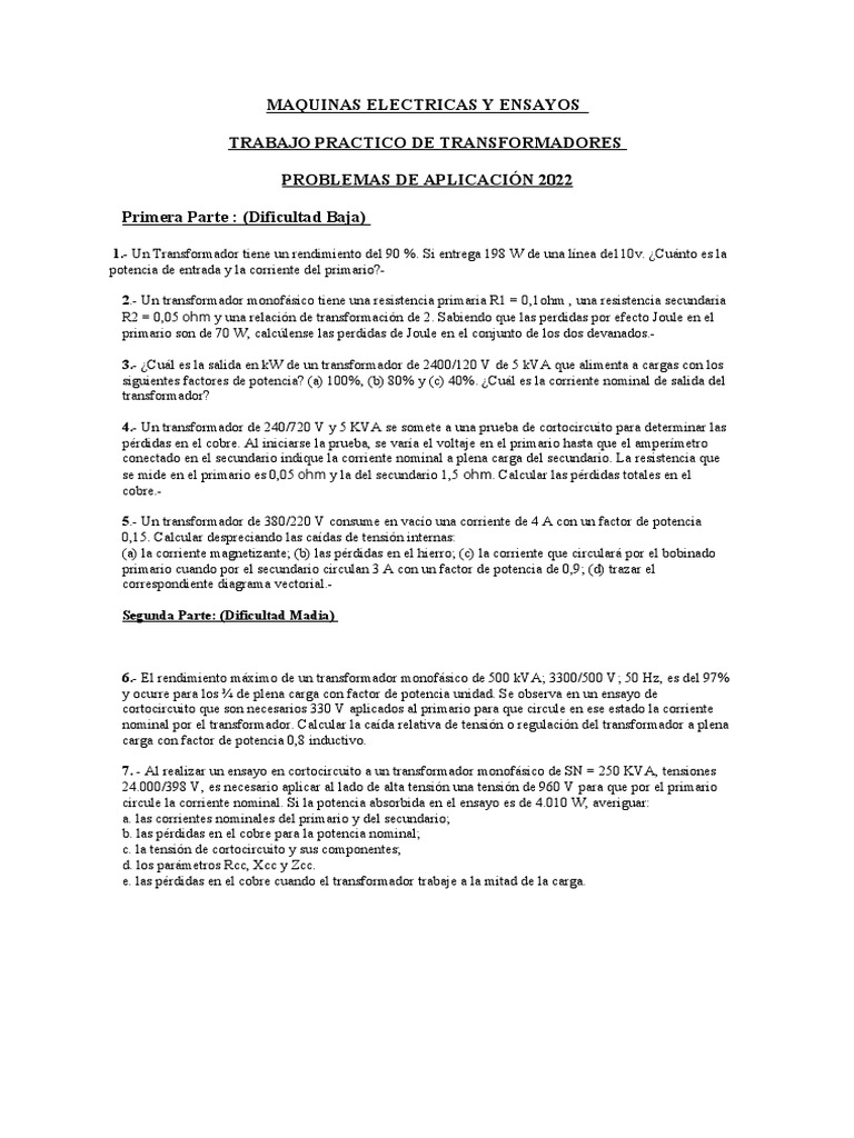 Análisis y cálculos de transformadores monofásicos basados en ensayos de vacío y cortocircuito ...