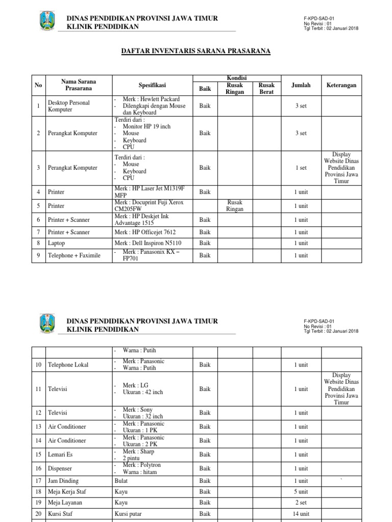 Daftar Inventaris Sarana Prasarana | PDF