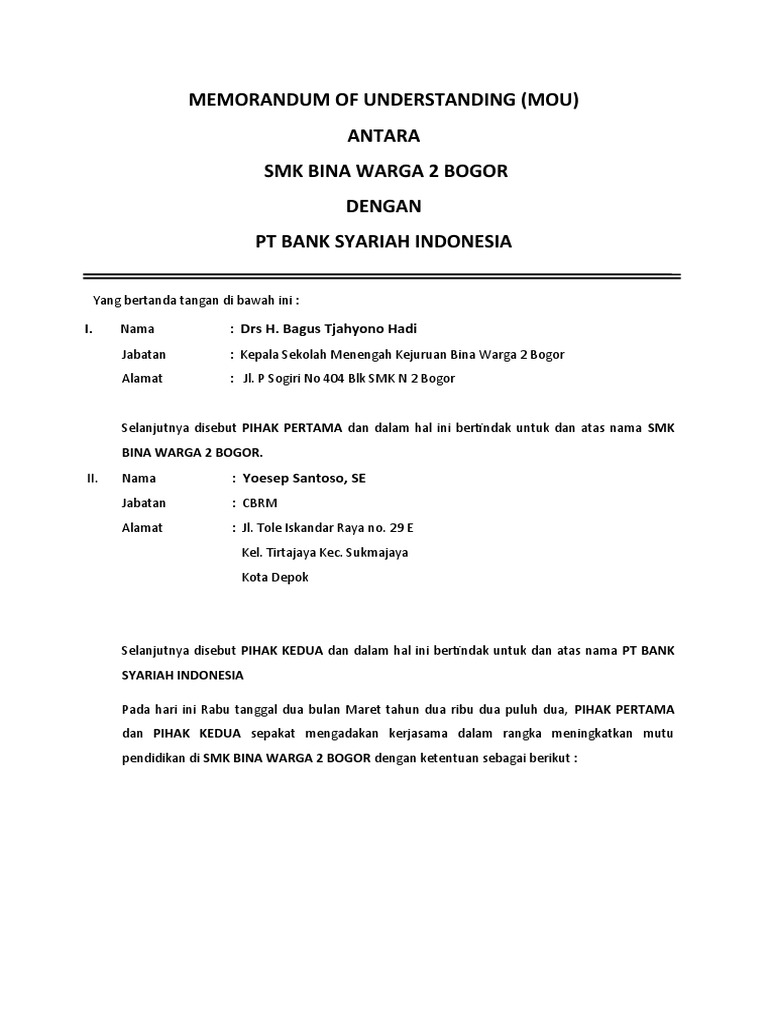 MoU SMK BW2 Bogor - Bank Syariah Ind | PDF | Pengelolaan Keuangan & Uang