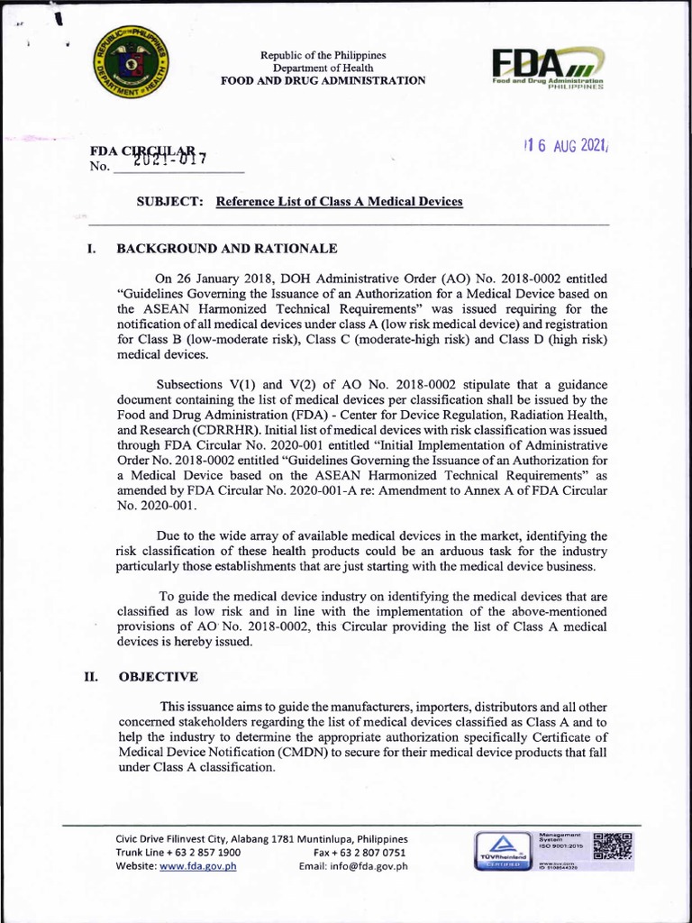 FDA-Circular-2021-017 List of Class A | PDF | Medical Device | Surgery