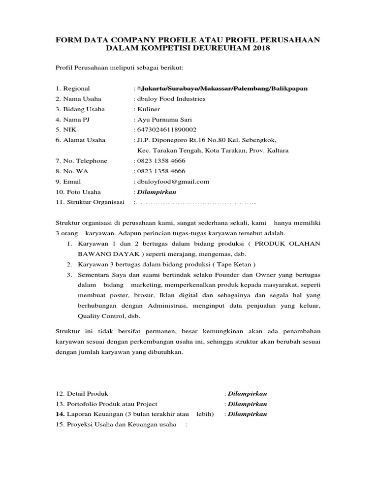 FORM DATA COMPANY PROFILE ATAU PROFIL PERUSAHAAN Deureuham | PDF