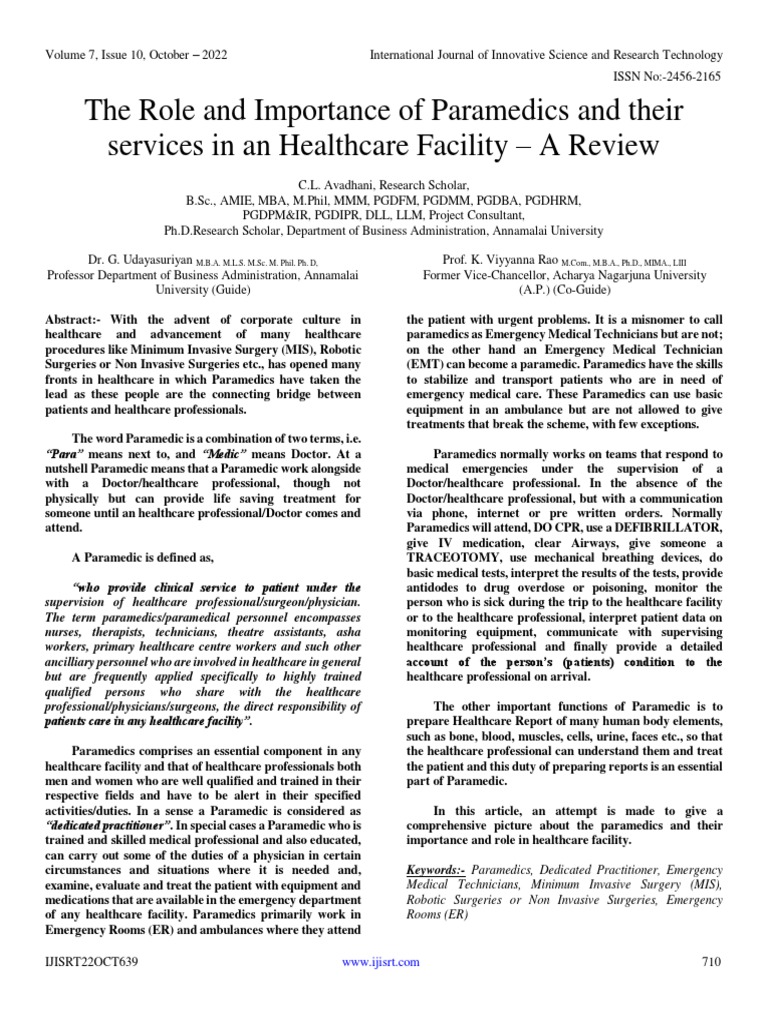 The Role and Importance of Paramedics and Their Services in An ...