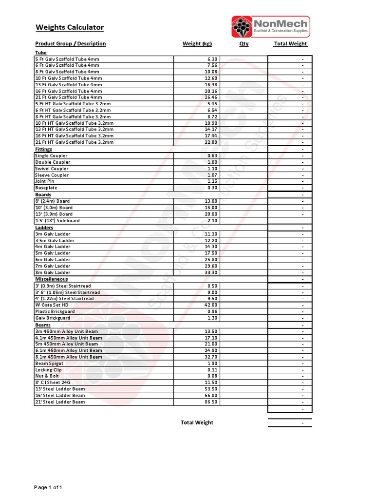 Weights Calculator | PDF | Scaffolding | Equipment