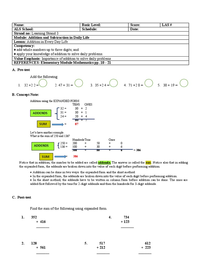 LS 3 Addition and Subtraction in Daily Life Lesson 2 | PDF ...