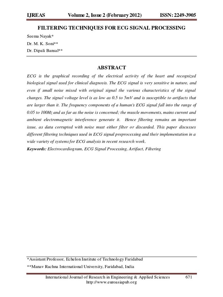 Ijreas Volume 2, Issue 2 (February 2012) ISSN: 2249-3905 Filtering Techniques For Ecg Signal ...