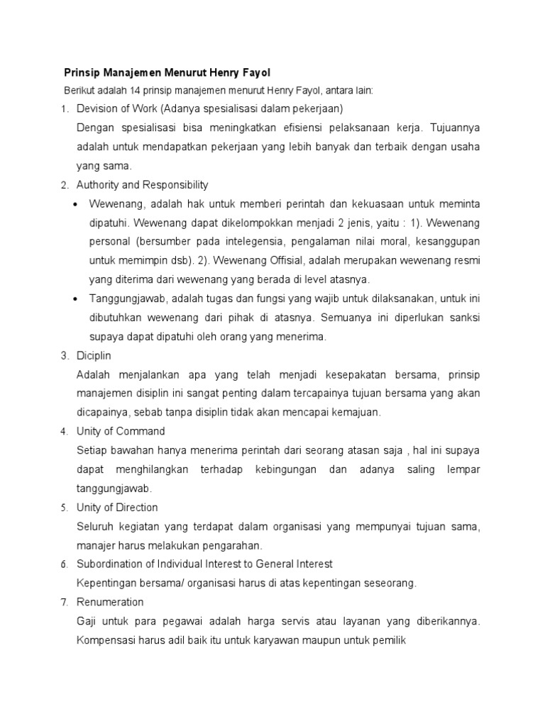 Prinsip Manajemen Menurut Henry Fayol | PDF