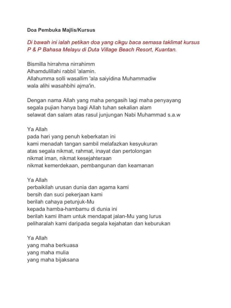 Doa Pembuka Majlis | PDF