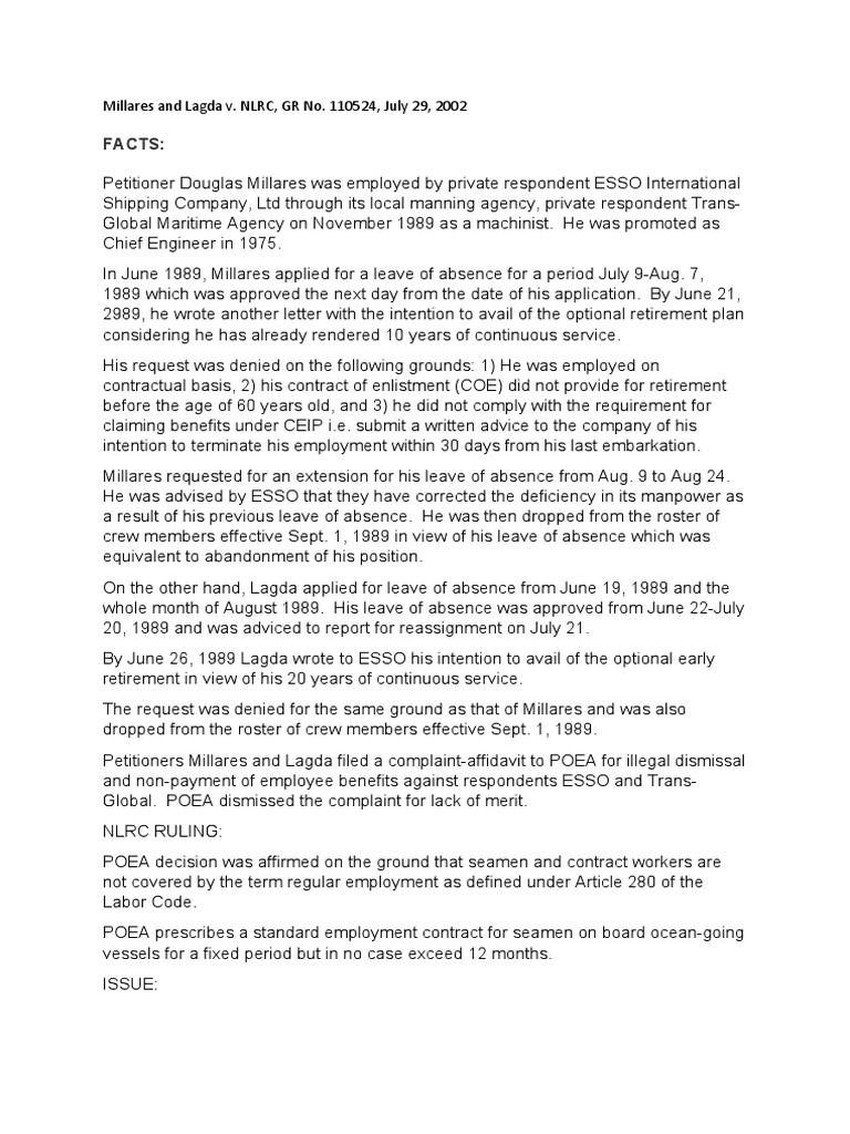 Millares and Lagda v. NLRC Case Digest | PDF | Employment | Labour Law