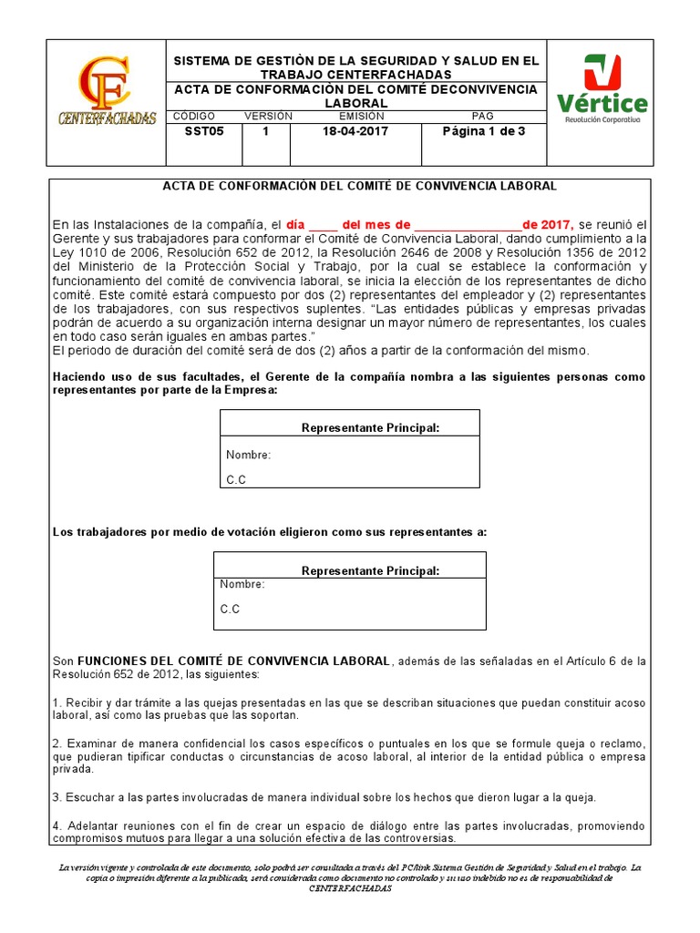 Sst05 Acta de Conformaciòn Del Comite de Convivencia Laboral | PDF | Gobierno