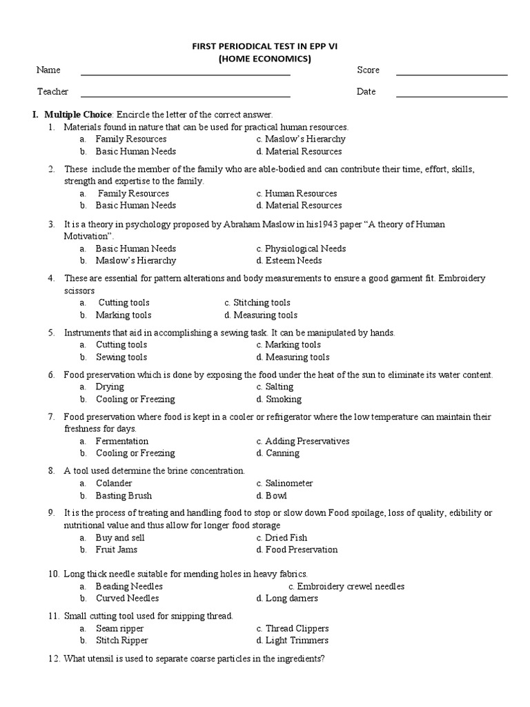 1st Quarter Periodical Test EPP He6 | PDF | Foods | Food Preservation