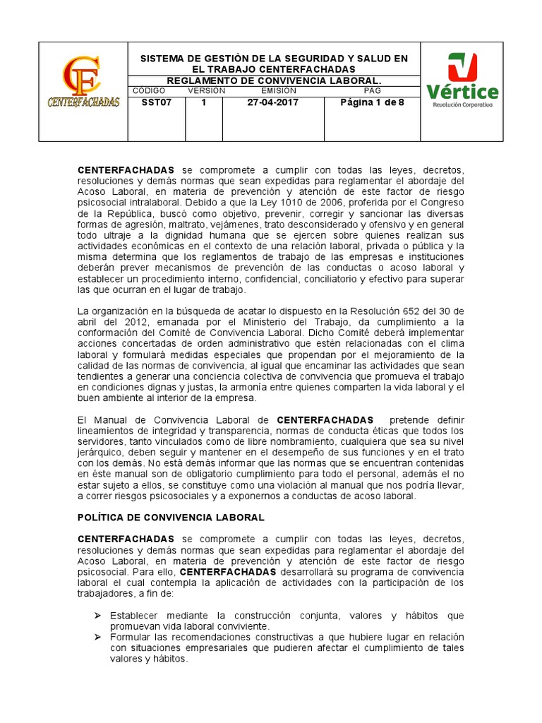 SST07 Reglamento de Convivencia Laboral | PDF | Comportamiento | Business
