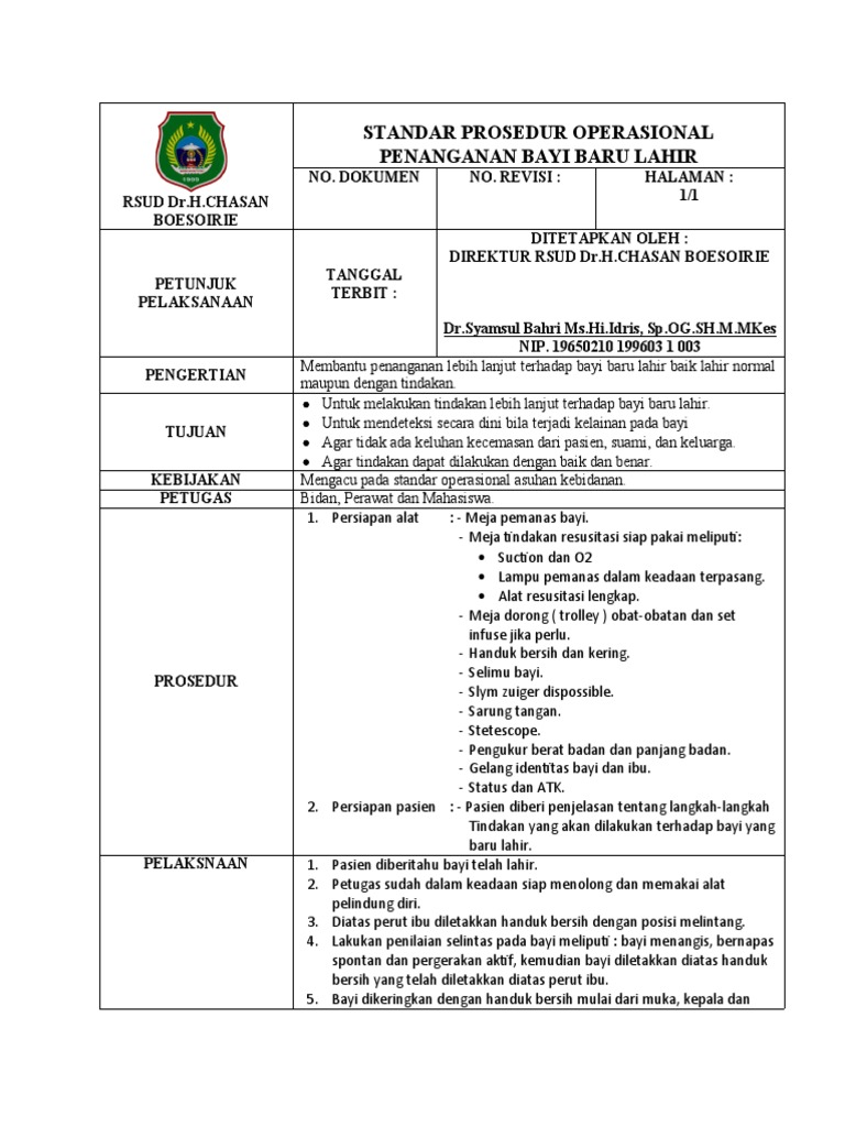 Standar Prosedur Operasional Penanganan Bayi Baru Lahir | PDF