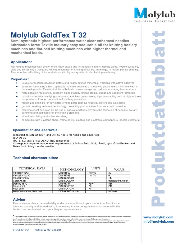 Molylub GoldTex T 32 Knitting | PDF | Knitting | Oil
