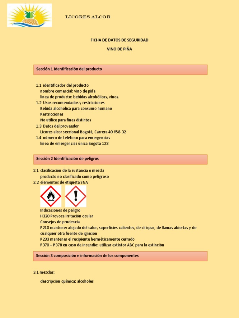 Ficha Seguridad Vino | PDF | Etanol | Vino