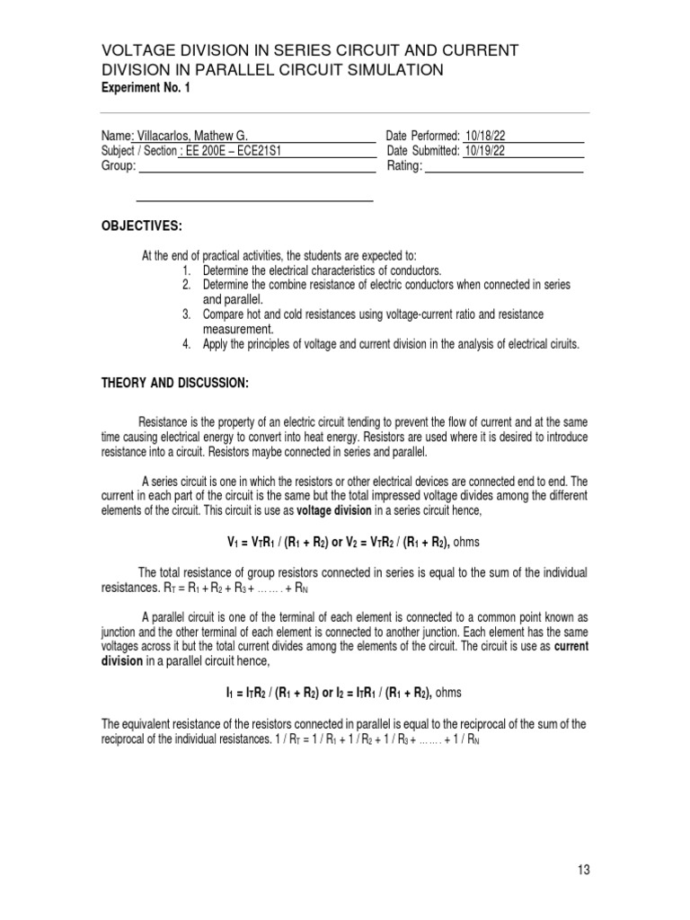 Analysis Of Voltage Division In Series Circuits And Current Division In Parallel Circuits