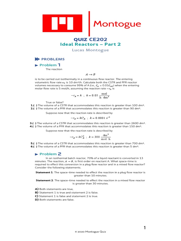 Ideal Reactors Part 2 Solved Problems Pdf Chemical Reactor Chemical Kinetics