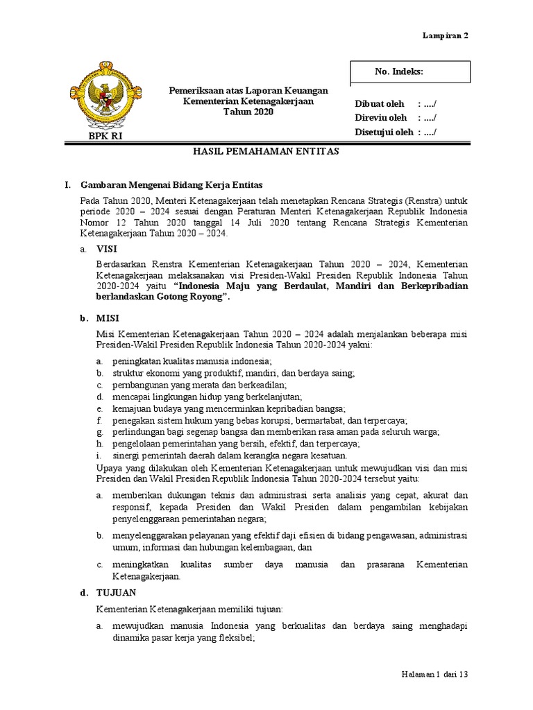 Contoh KK Pemahaman Entitas | PDF | Pengelolaan Keuangan & Uang | Ilmu ...