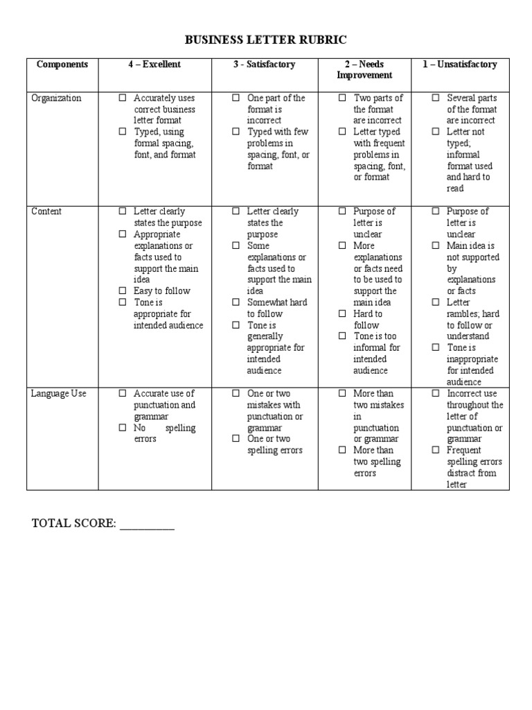 Business Letter Rubric | PDF | Linguistics | Human Communication