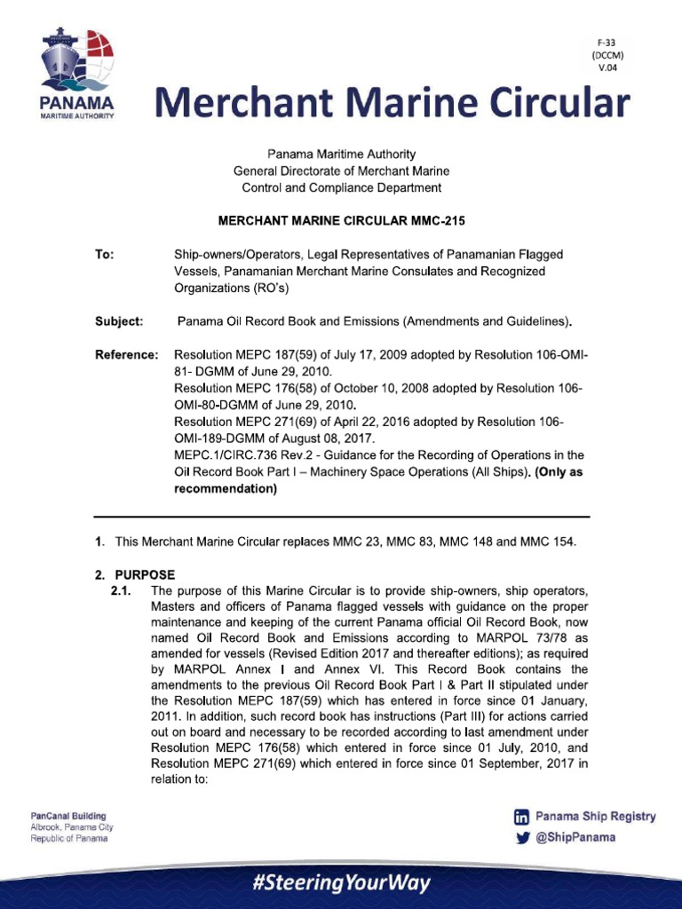 Panama Oil Record Book Merchant Marine Circular Mmc-215 | PDF