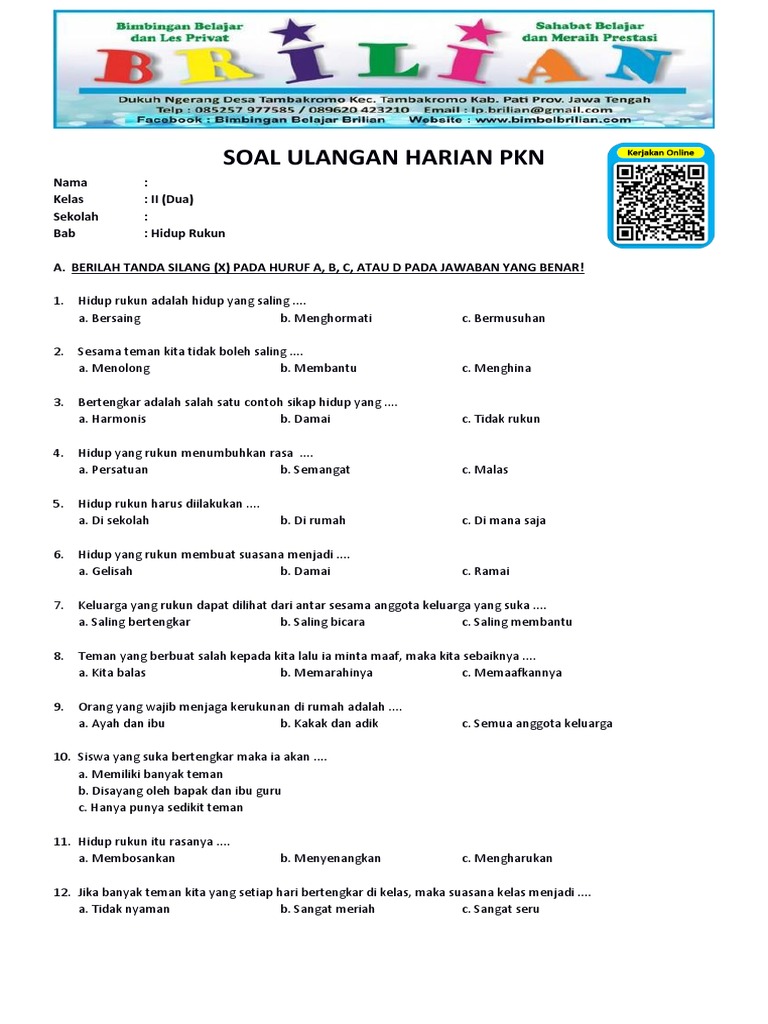 Soal PKN Kelas 2 SD Bab 1 Hidup Rukun Dan Kunci Jawaban | PDF