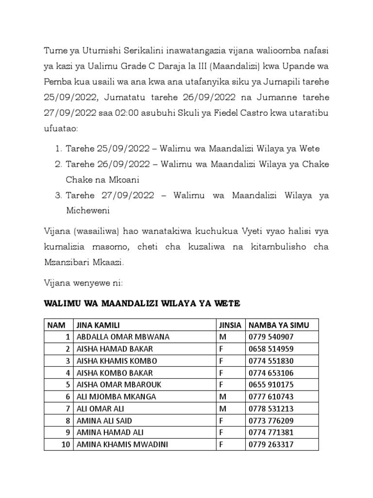 vsLbJcYhFp TANGAZO LA USAILI WALIMU WA MAANDALIZI PEMBA | PDF ... vsLbJcYhFp TANGAZO LA USAILI WALIMU WA MAANDALIZI PEMBA | PDF ...