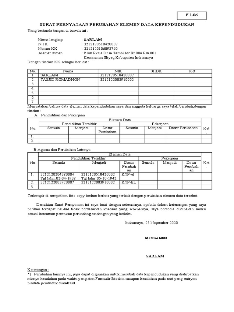 Surat Pernyataan Perubahan Elemen Data Kependudukan | PDF