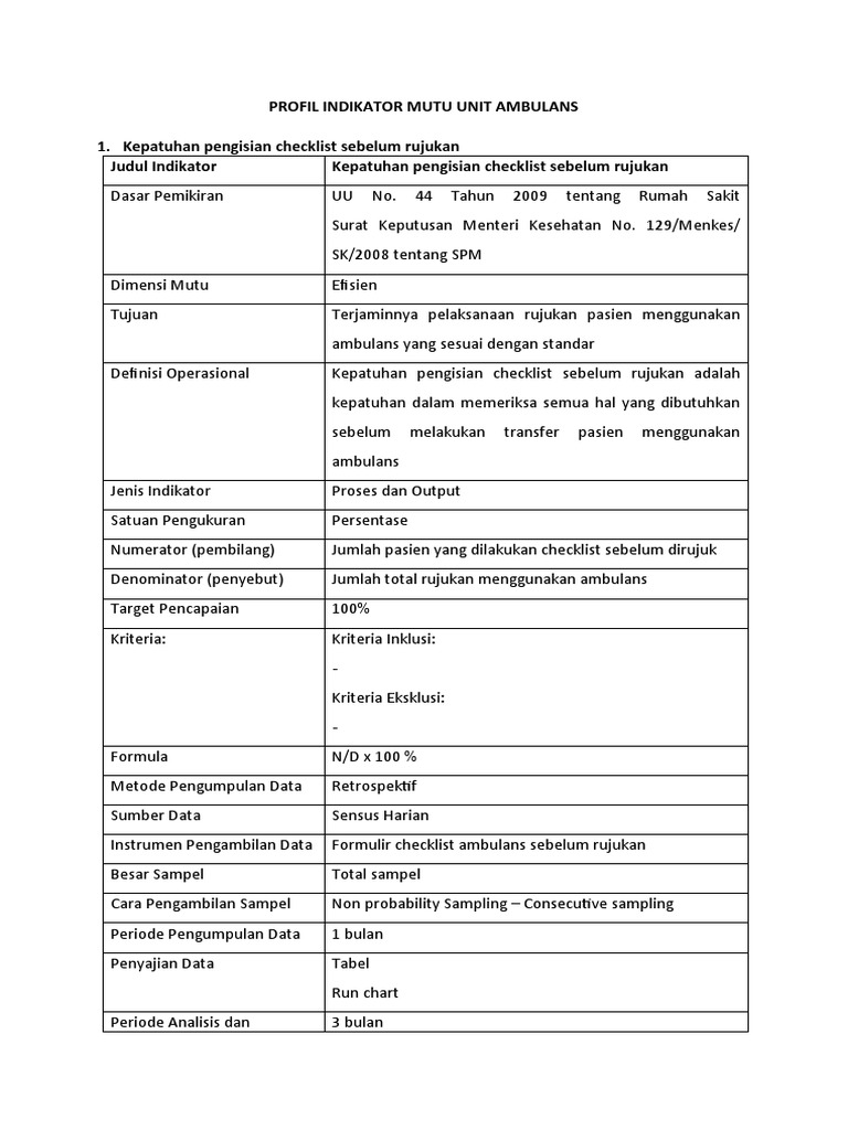 Profil Indikator Mutu Unit Ambulans | PDF