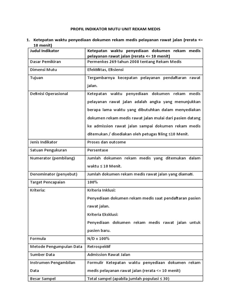 Profil Indikator Mutu Unit Rekam Medis | PDF