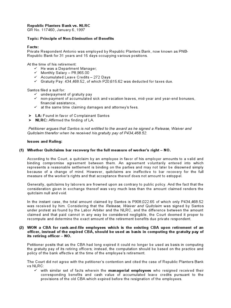 Republic Planters Bank Gratuity Case | PDF | Employment | Salary