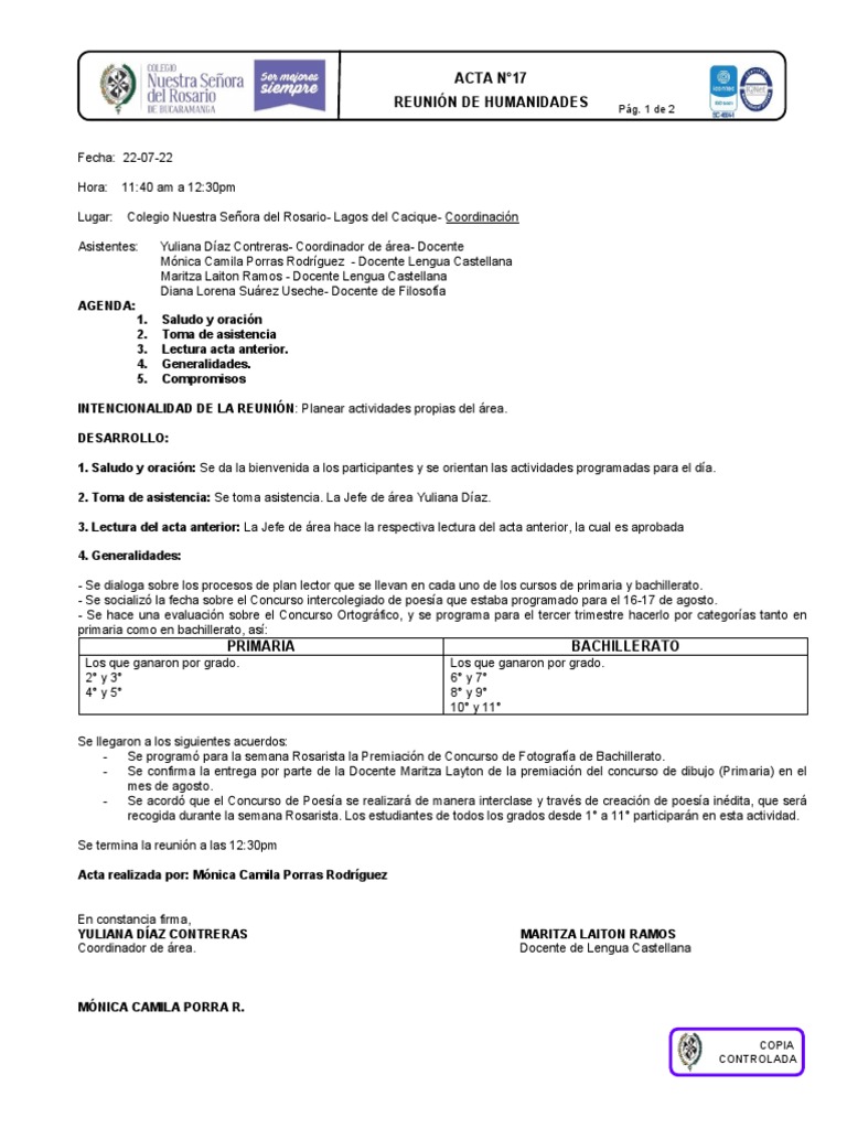 Acta 17 de Área - Humanidades 22-07-22 | PDF