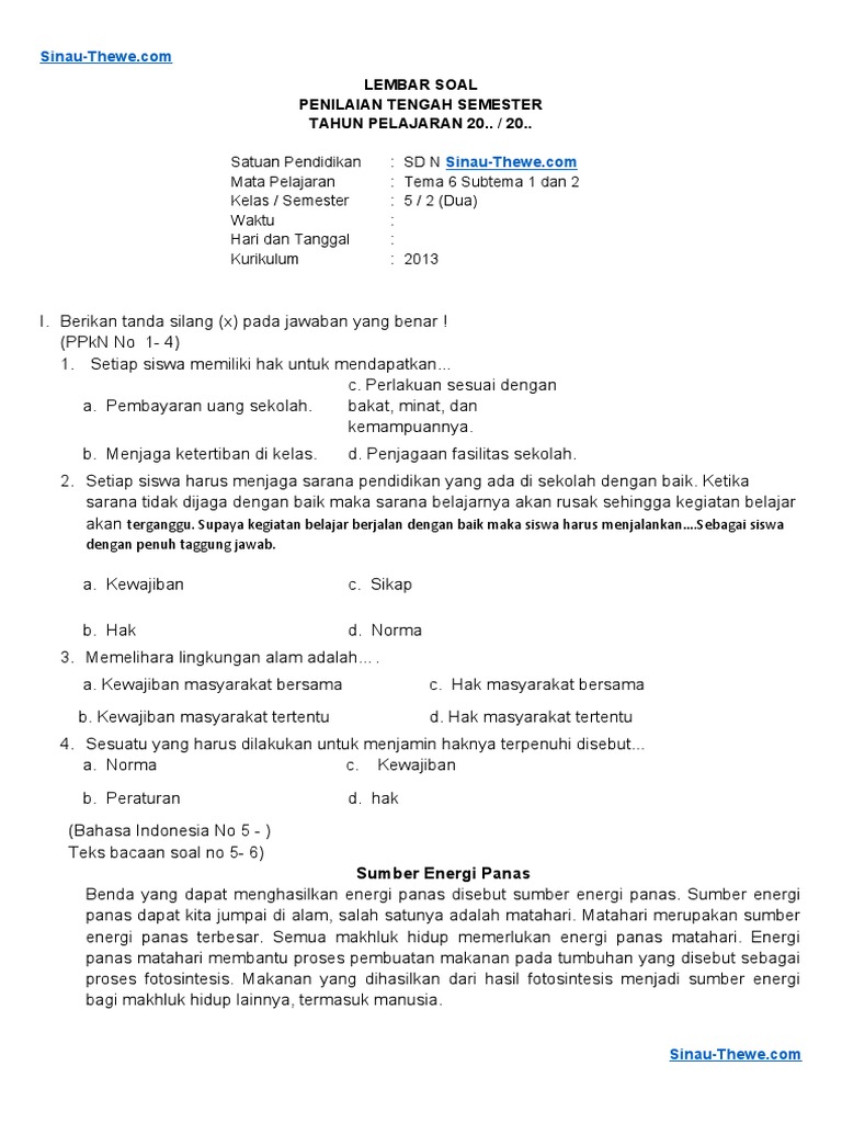 PTS - Tema 6 - Kelas 5 SD | PDF | Kajian Bahasa Asing | Sains & Matematika