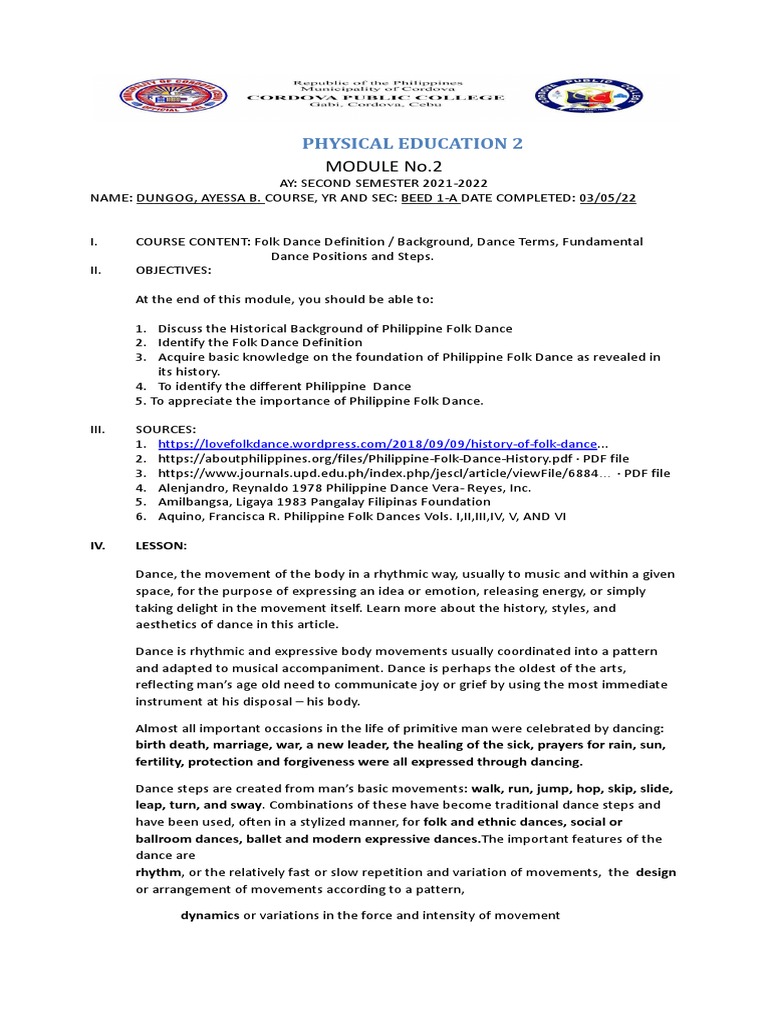 Module No.2 Physical Education 2 | PDF | Dances | Foot