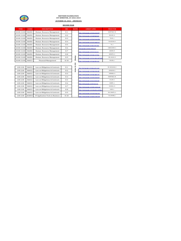 Second Year Midterm Examination Schedule 1ST Sem Ay2022 2023 | PDF | Economies