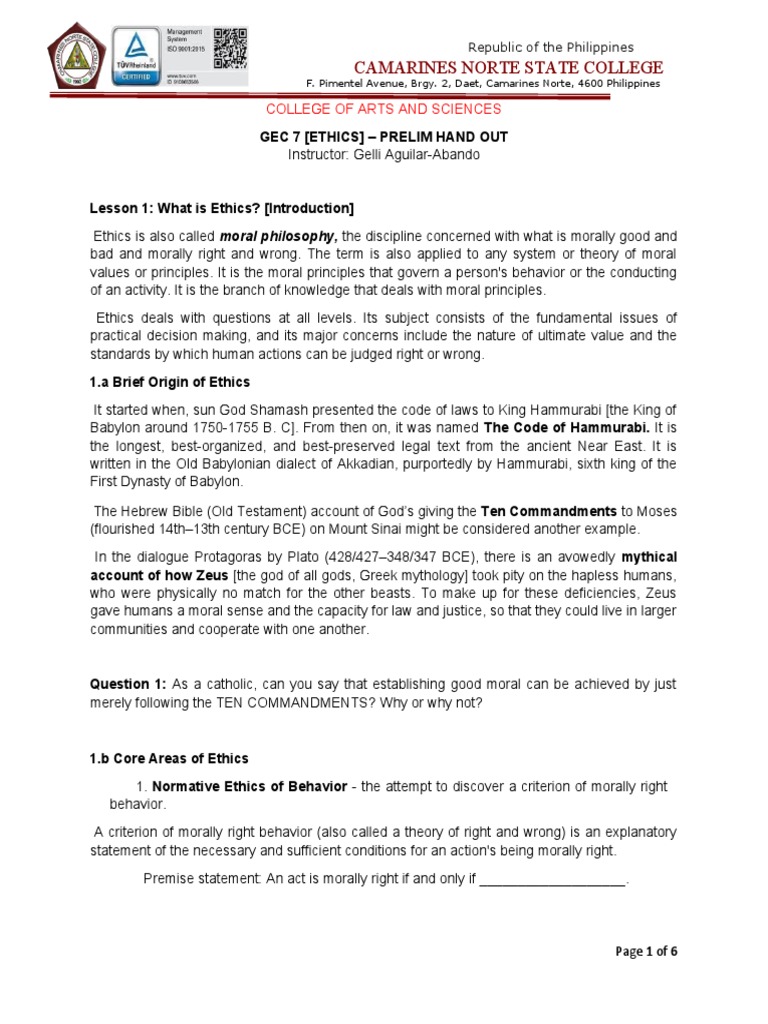 GEC 7 Handout 1 | PDF | Morality | Thomas Aquinas