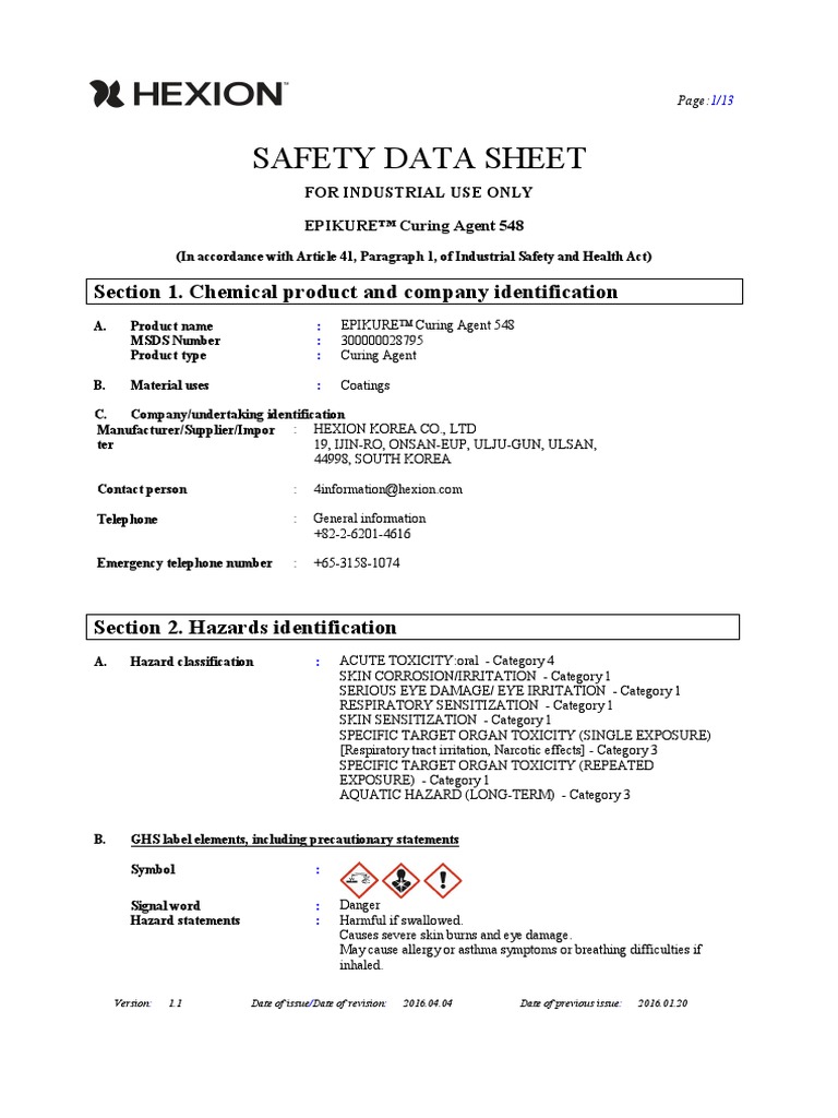 MSDS Epikure 548 | PDF | Personal Protective Equipment | Dangerous Goods
