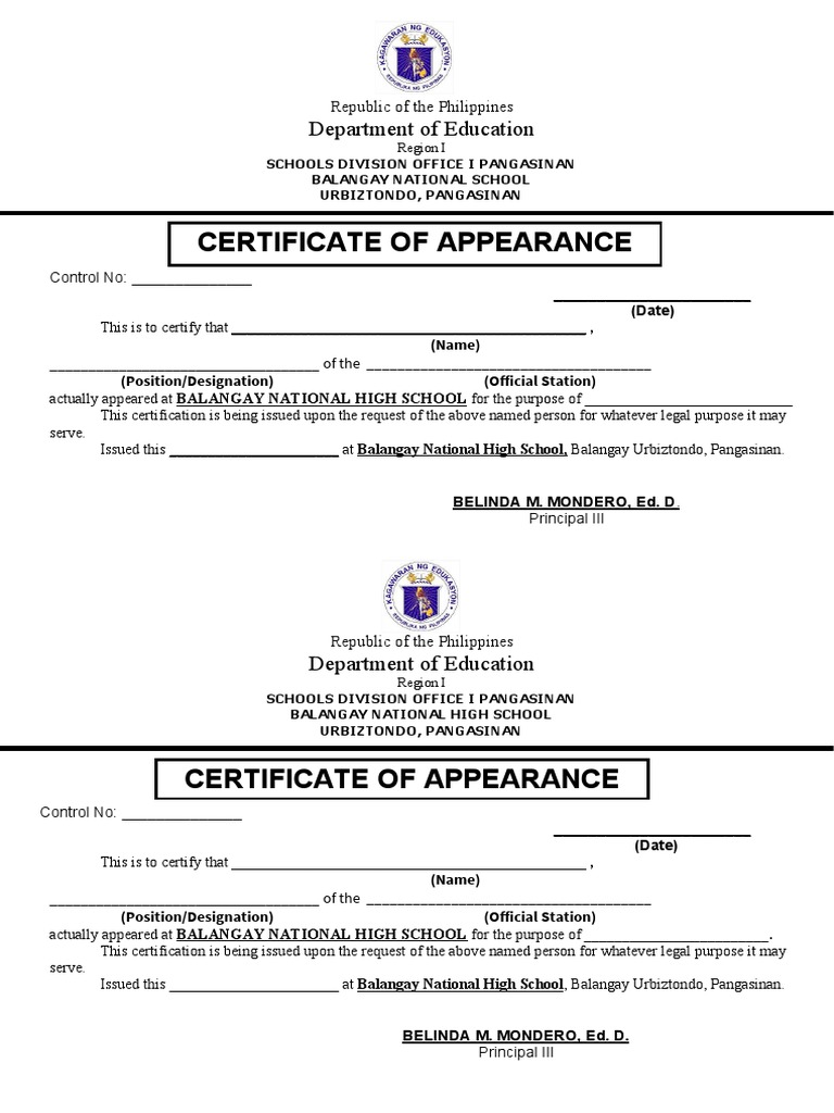 Certificate of Appearance Blank vERSION 3 | PDF | Philippines