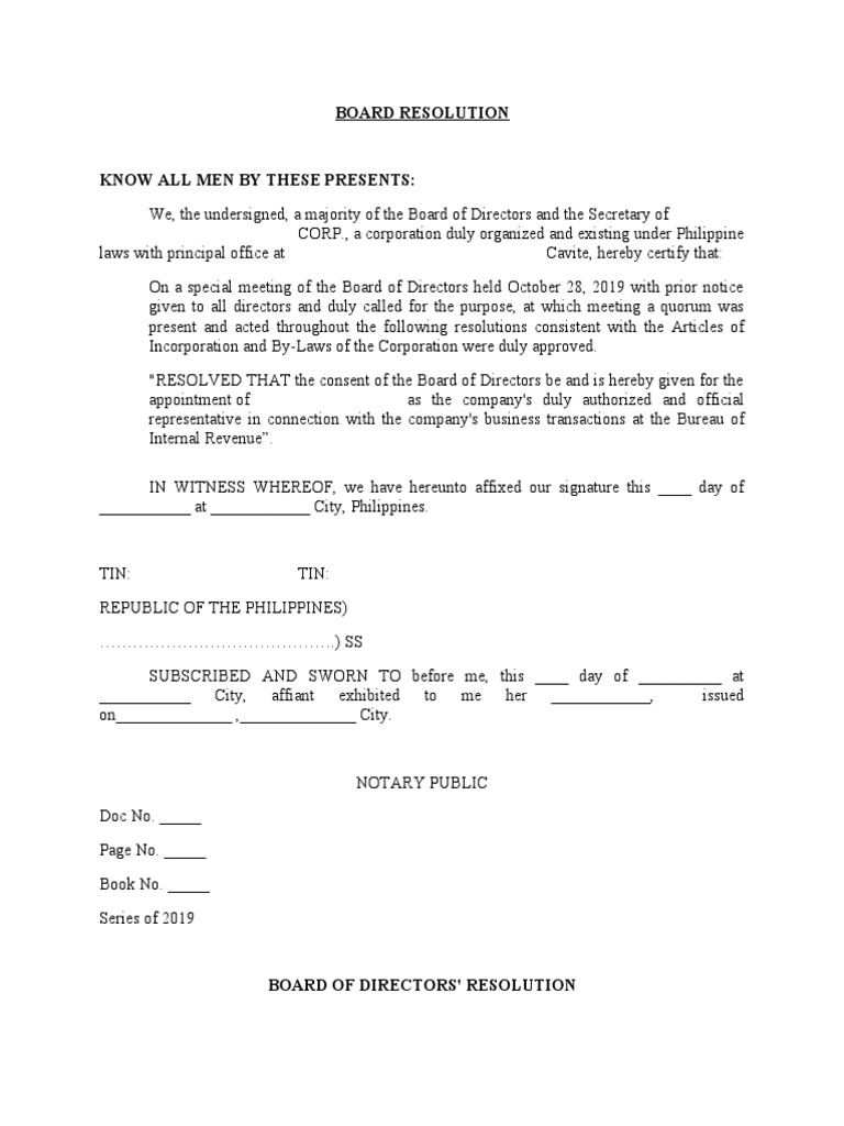 BOARD RESOLUTION and Board of Directors | PDF | Board Of Directors ...