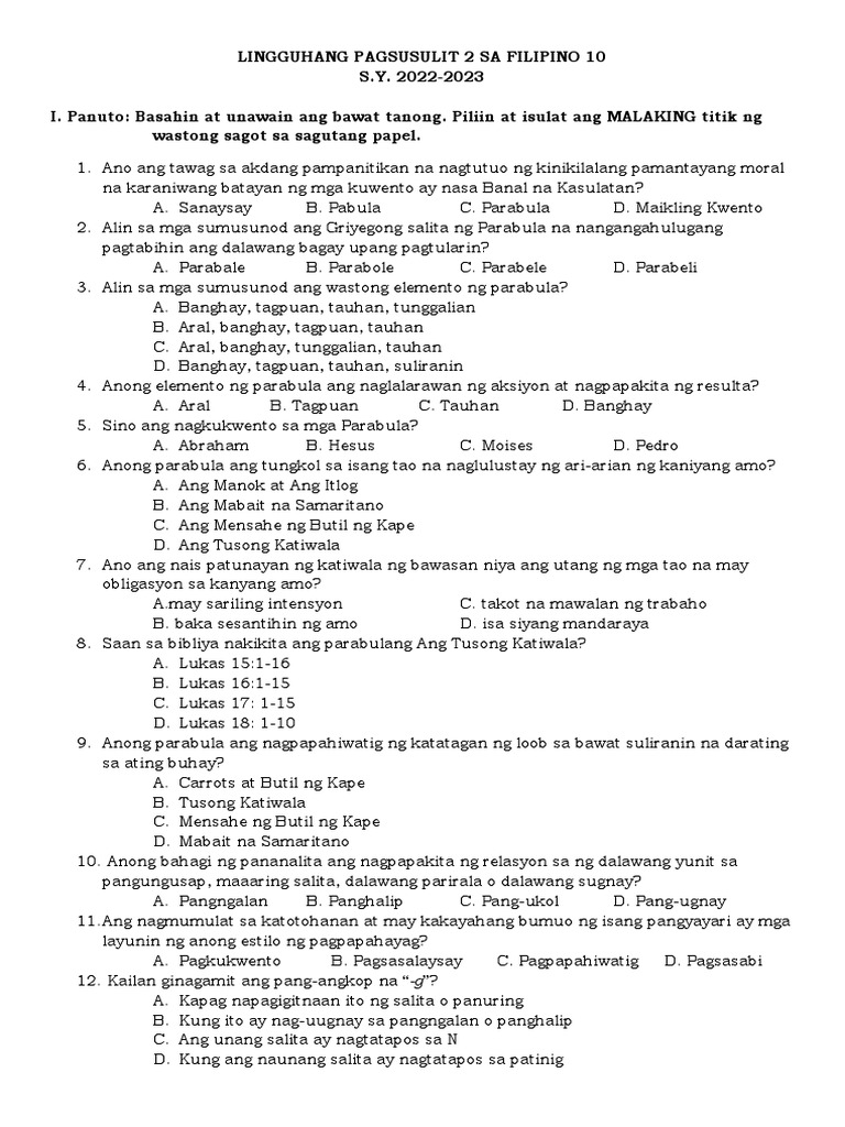 Lingguhang Pagsusulit Sa Filipino 10 | PDF
