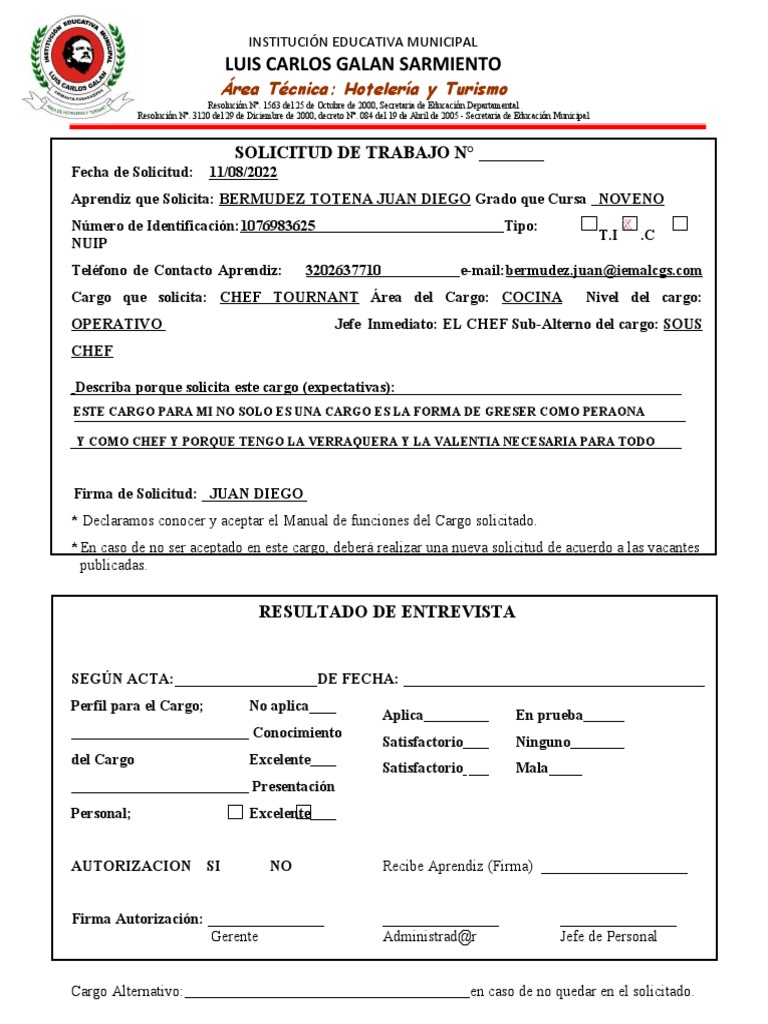901 - BERMUDEZ TOTENA JUAN DIEGO - Ficha - Solicitud - Trabajo | PDF