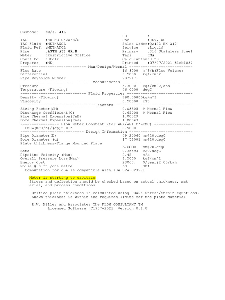 Methanol Flow Meter Calculation Report | PDF | Fluid Dynamics ...